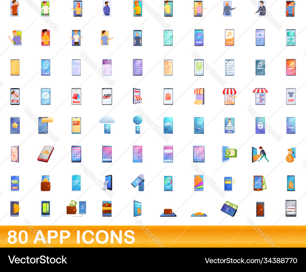 80 app icons set cartoon style Royalty Free Vector Image