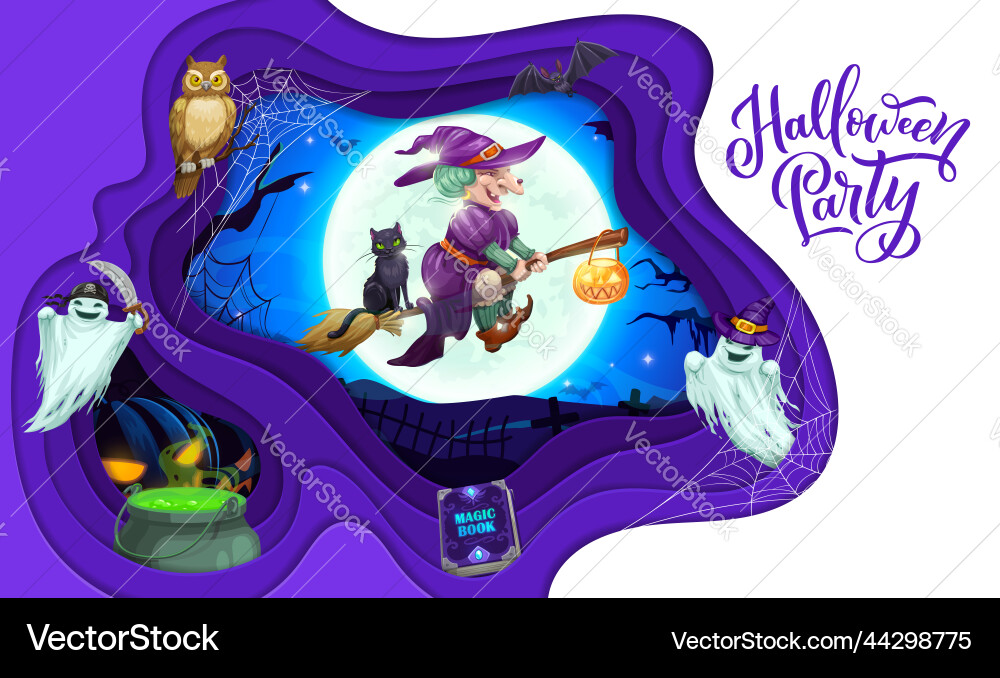 Halloween paper cut witch and ghost characters art