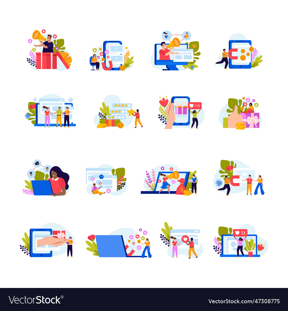 Referral program flat icon set Royalty Free Vector Image