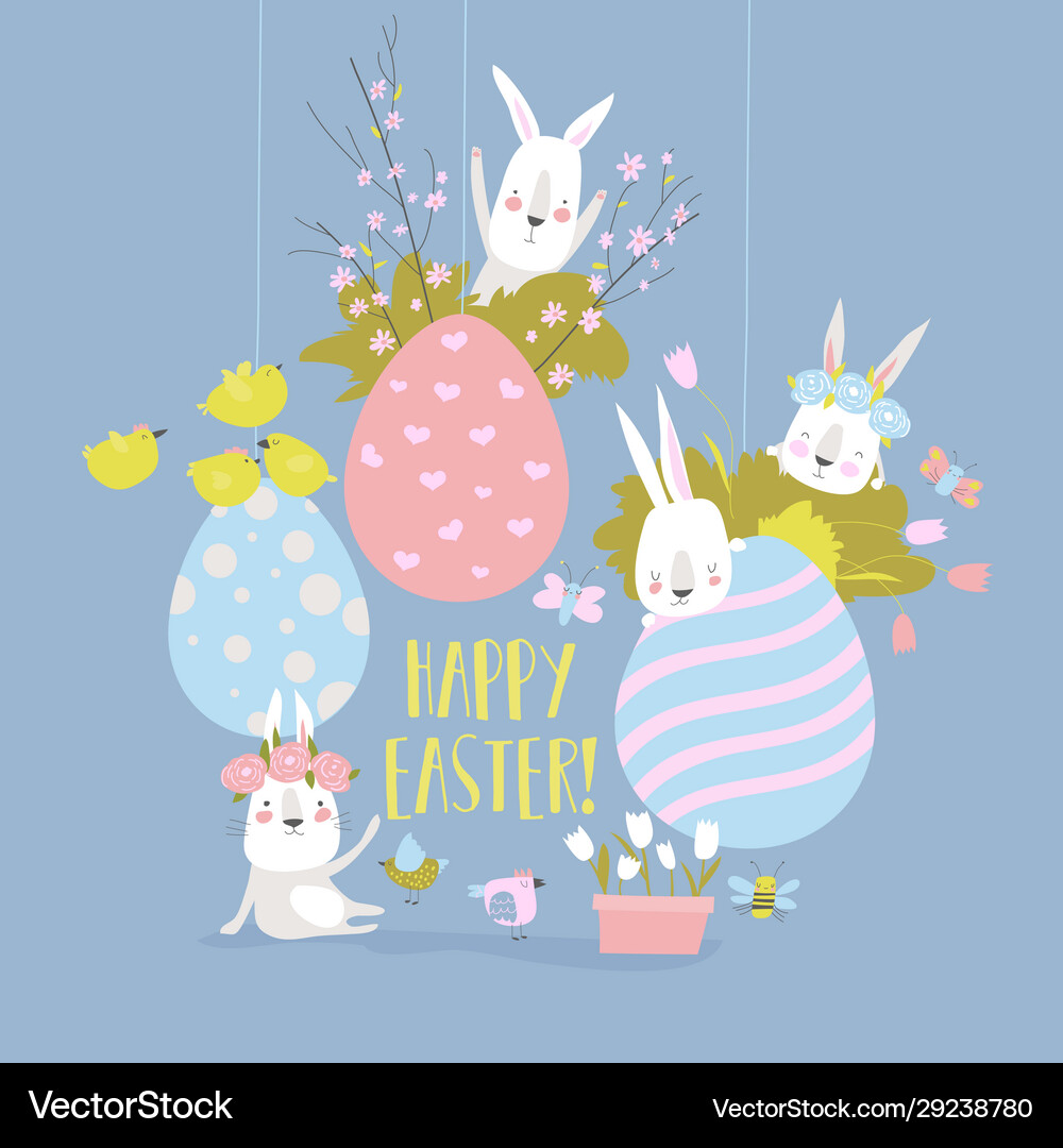 Cute cartoon bunny with easter eggs and flowers Vector Image