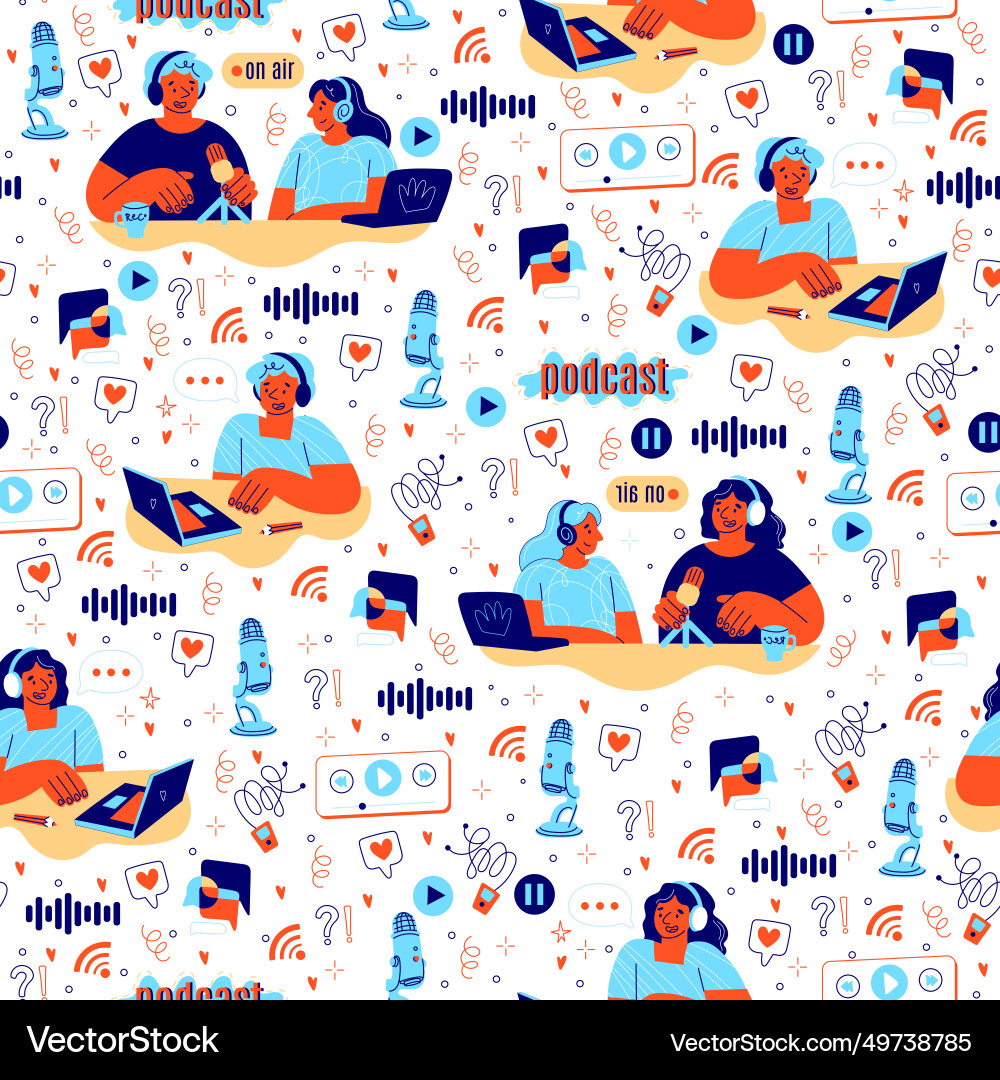 Seamless pattern with radio podcasts listening Vector Image