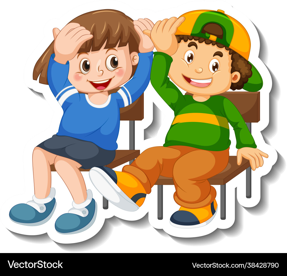 Sticker template with couple kids students Vector Image