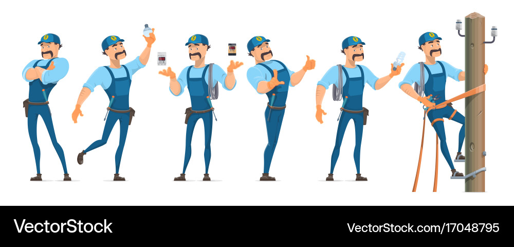 Colorful electrician characters set Royalty Free Vector