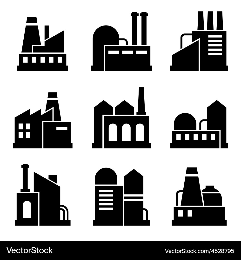 Factory and Power Industrial Building Icon Set Vector Image
