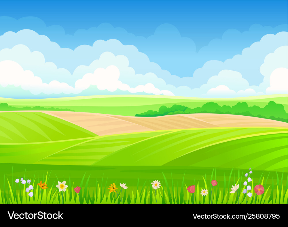 Flower meadow in hills Royalty Free Vector Image