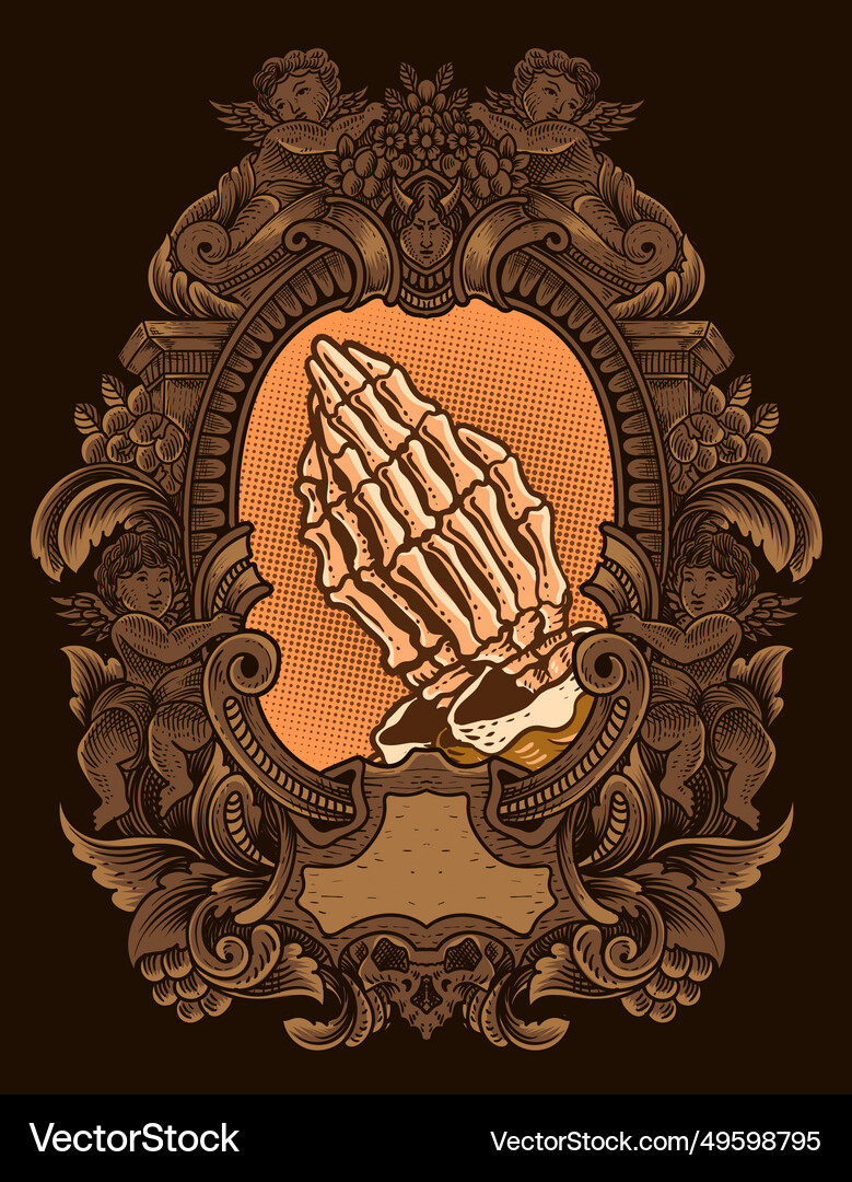 Hand drawn skull hand pray with rose flower Vector Image