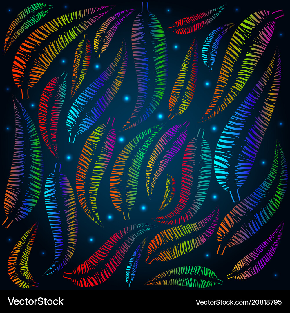 Pattern of neon feathers on a black background Vector Image