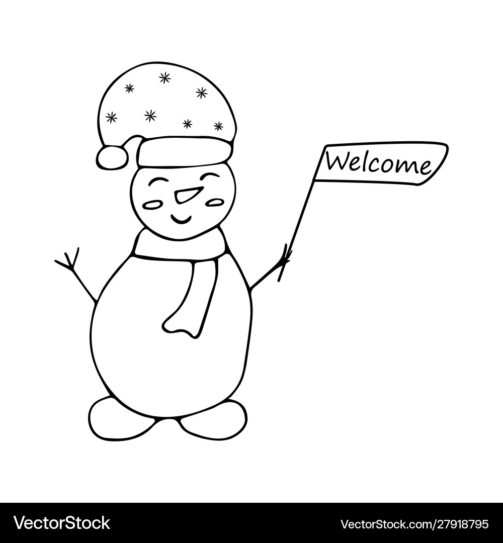 Snowman with a welcome flyers on a white Vector Image