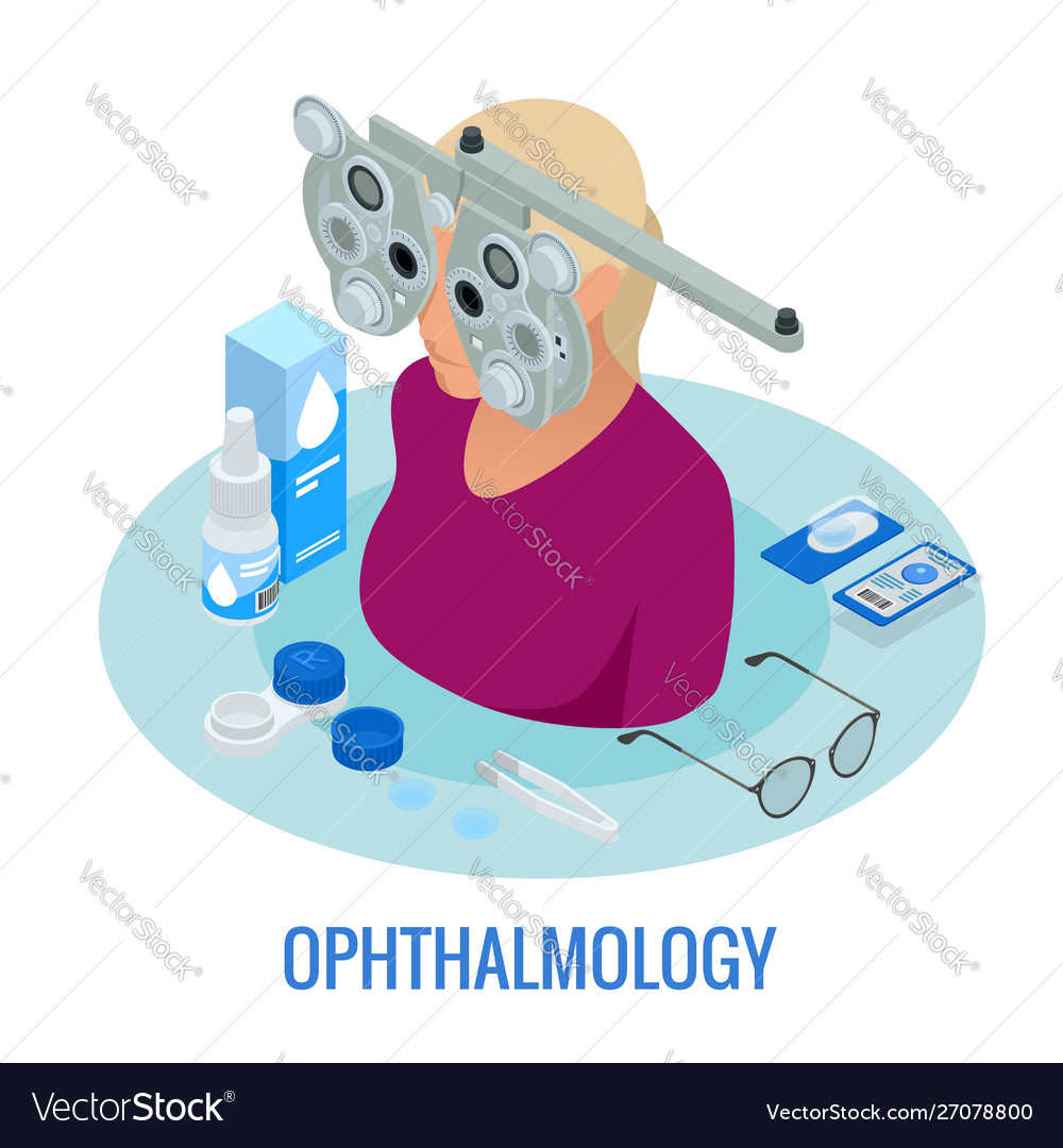 Isometric optometrist examining woman with a trial Isometric optometrist examining woman with a trial