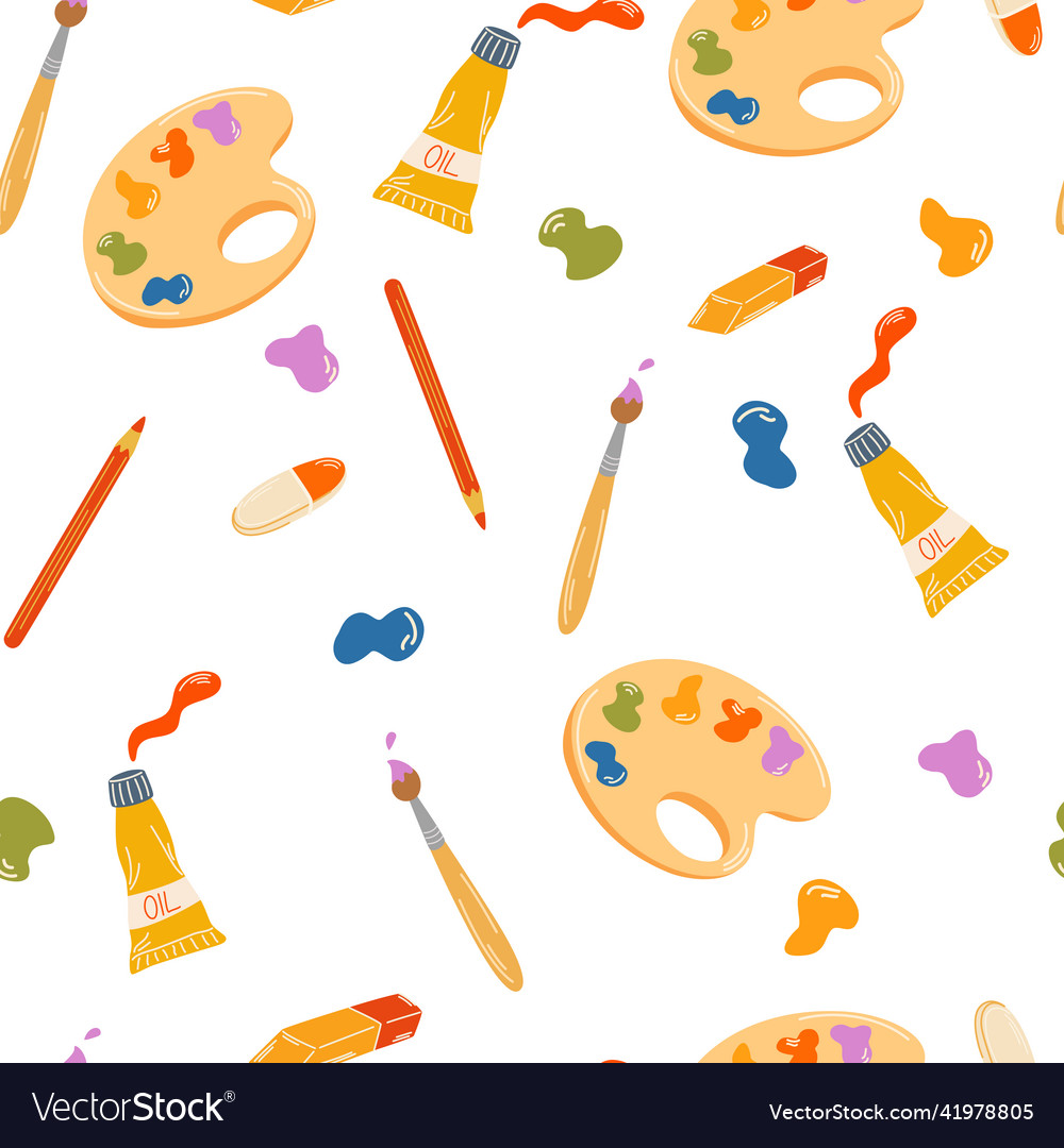 Art supplies seamless pattern palette with paints Vector Image Art supplies seamless pattern palette with paints Vector Image