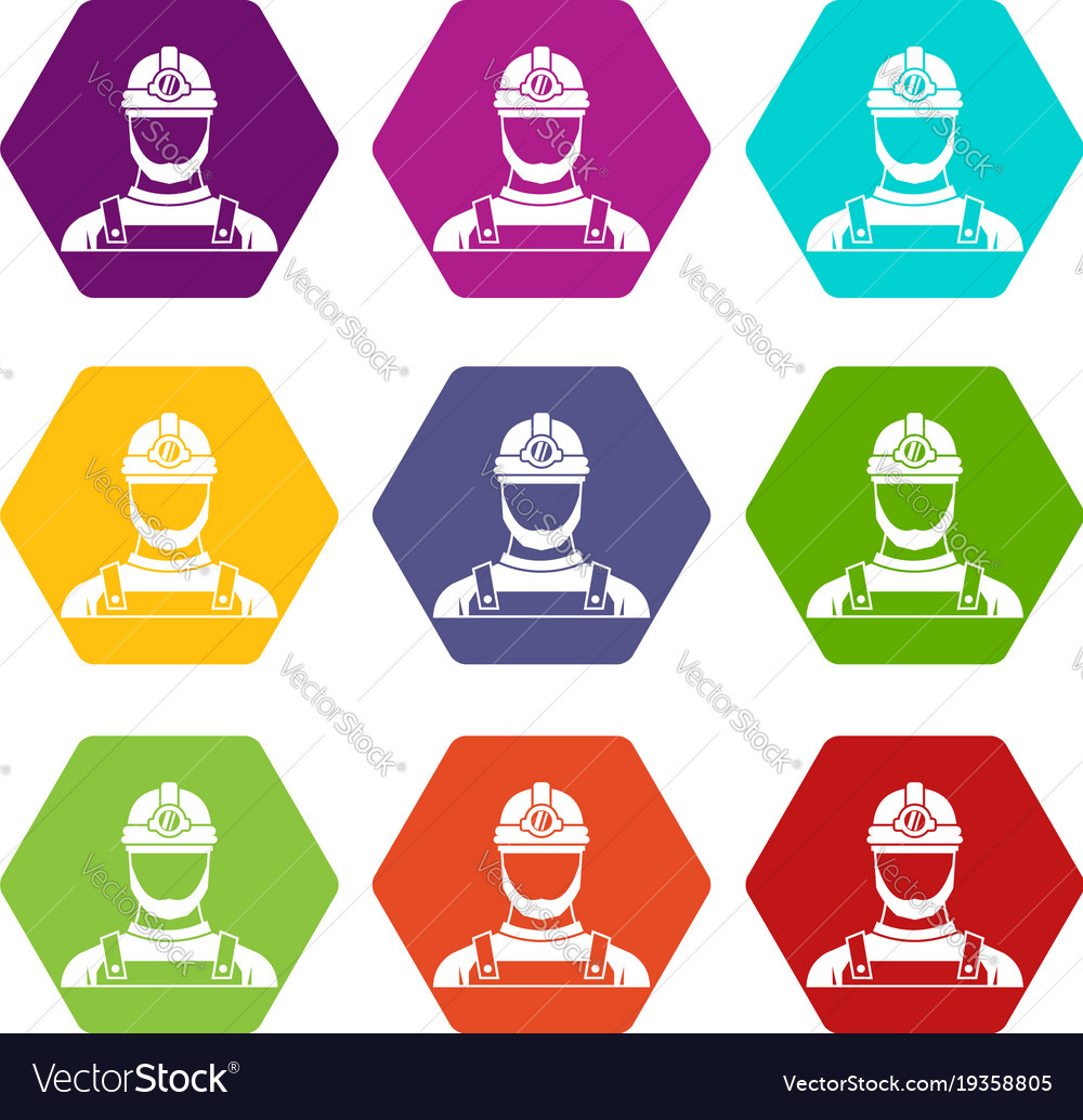 Male miner icon set color hexahedron Royalty Free Vector