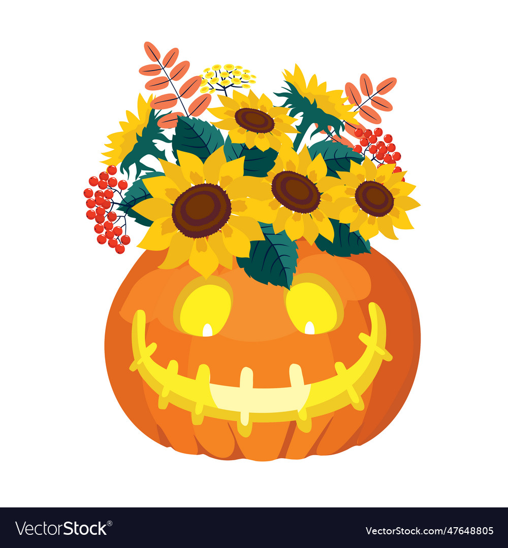 Pumpkin halloween sunflowers Royalty Free Vector Image