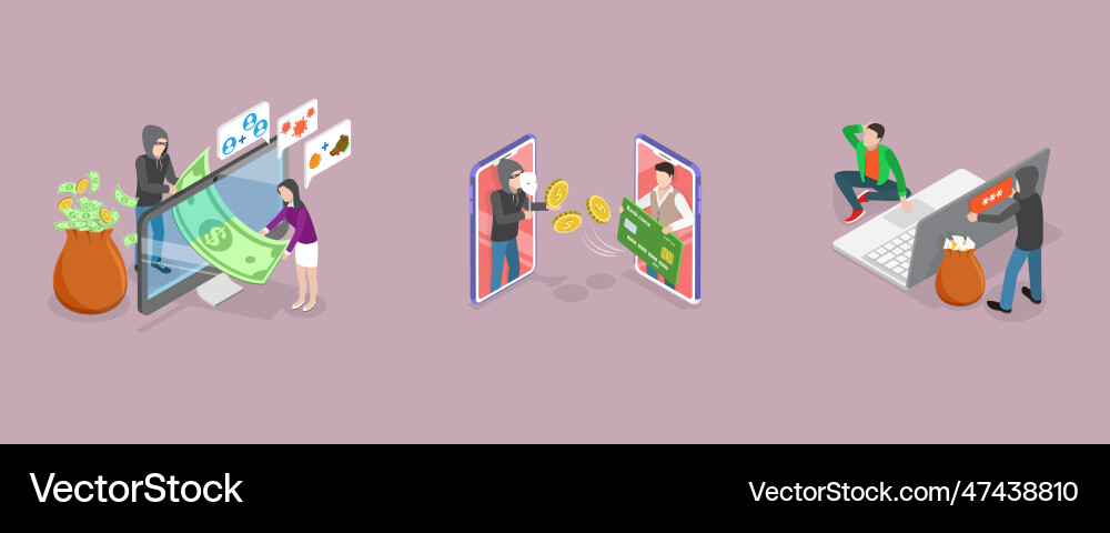 3d isometric flat set of scam scenes Royalty Free Vector