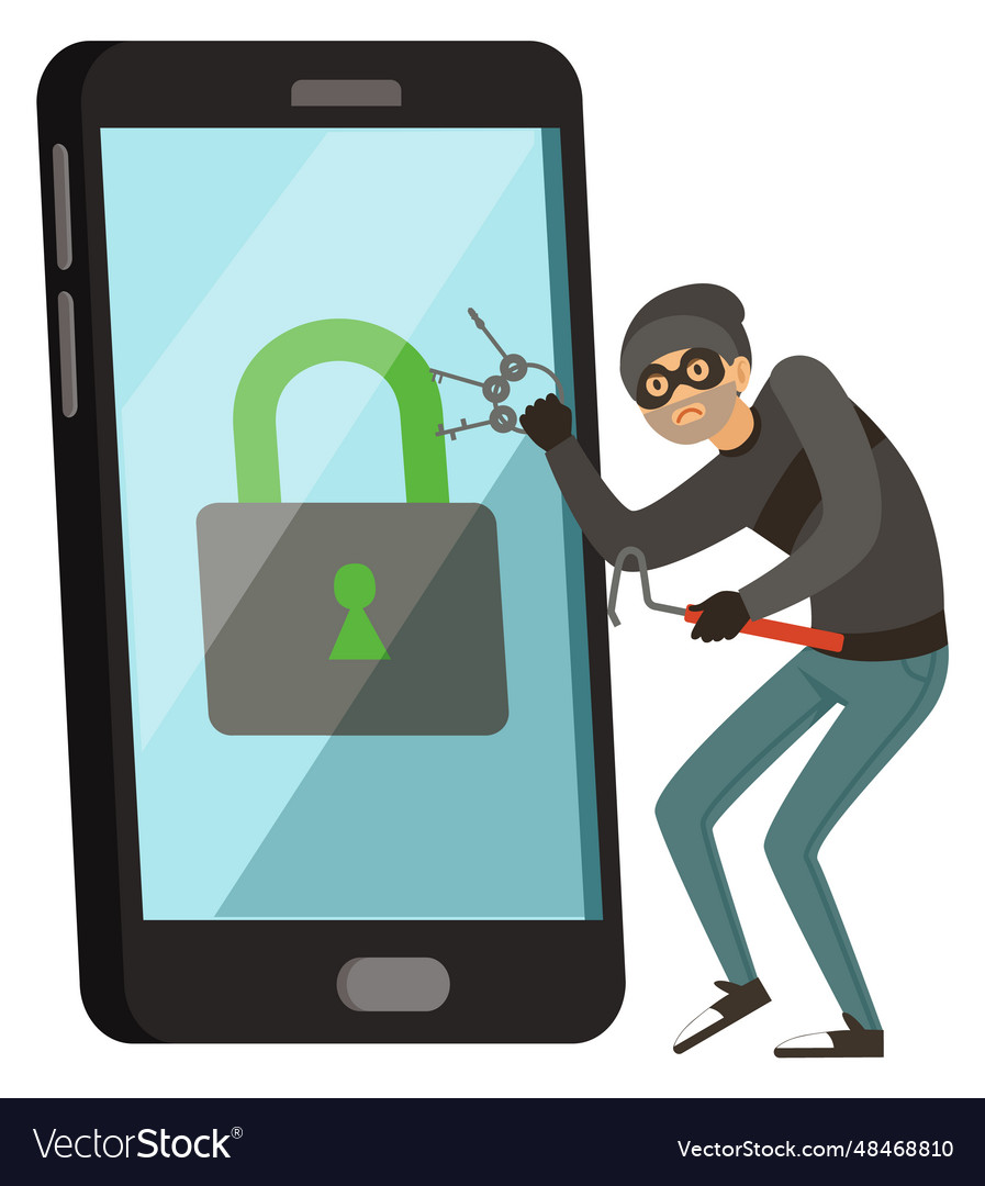 Hacker breaking locked smartphone cyber crime Vector Image