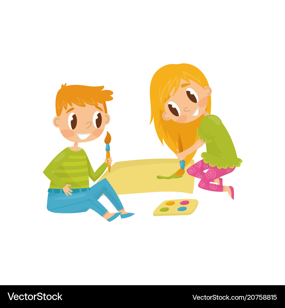 Cheerful children drawing picture tools for Vector Image