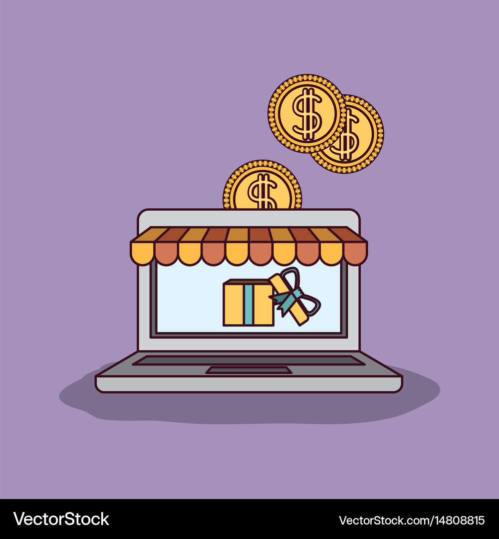 Purple background with laptop computer and gift Vector Image