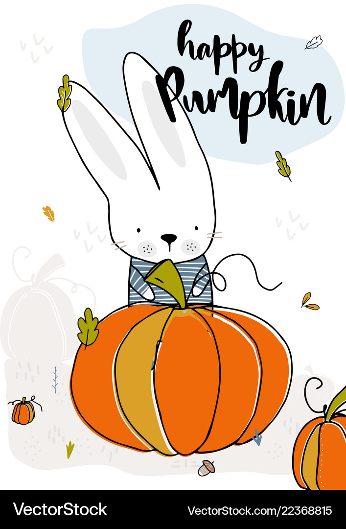 Rabbit found a big happy pumpkin fall autumn Vector Image