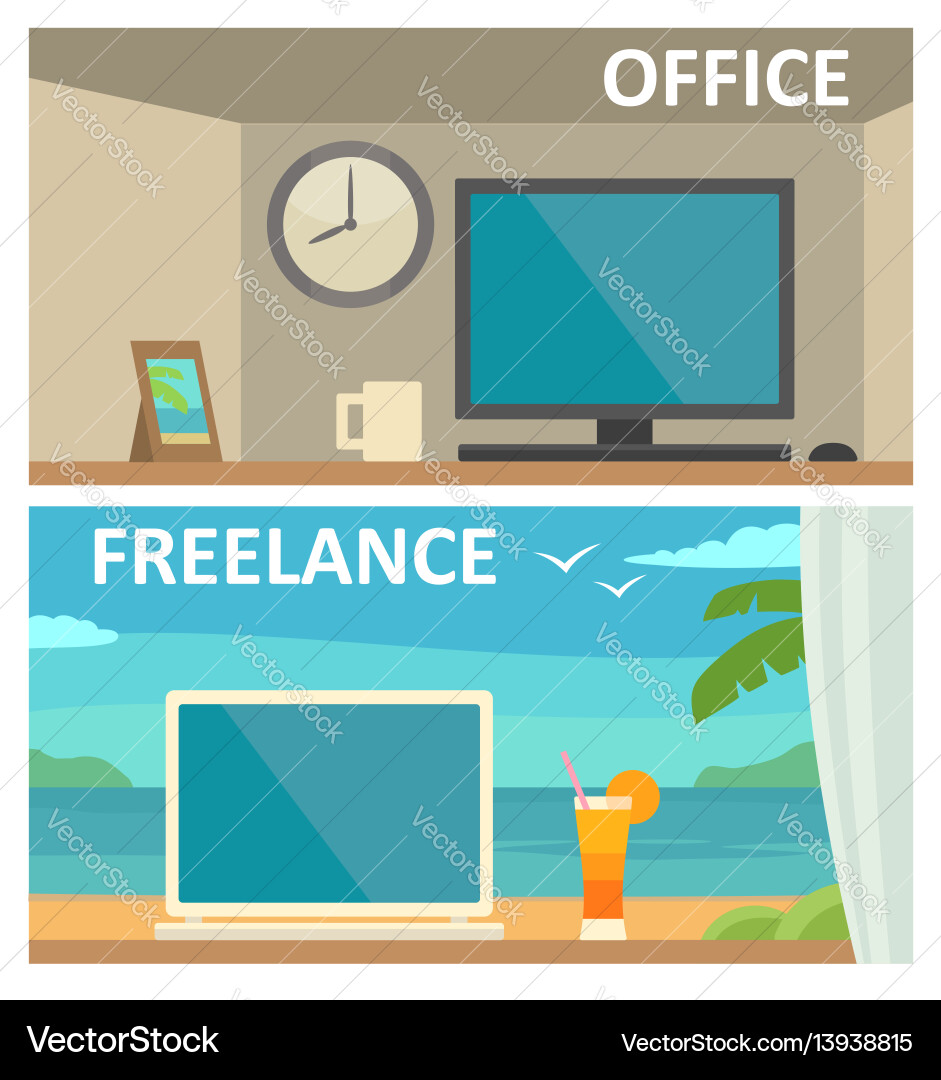 Two different workplace in office and on tropical Vector Image