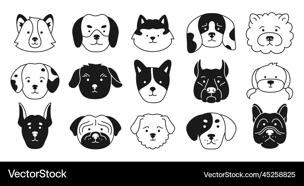 Dog faces emotion sketch doodle character set Vector Image