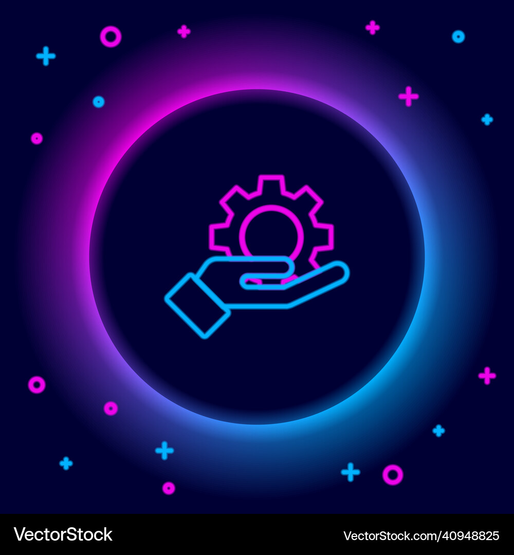Glowing neon line hand settings gear icon isolated