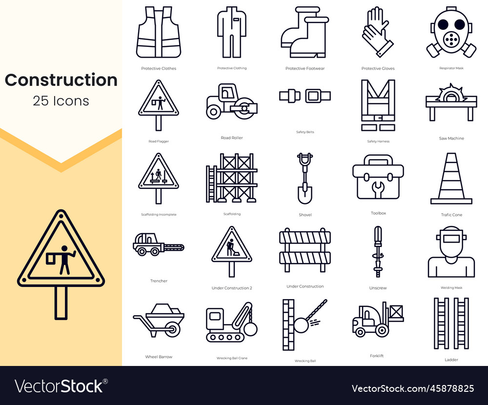 Simple outline set of construction icons thin Vector Image