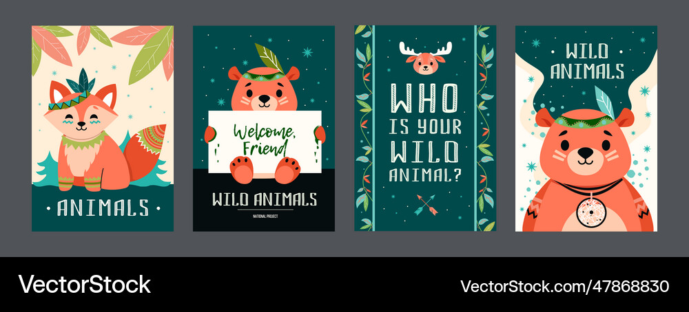 Cartoon boho animals posters set Royalty Free Vector Image