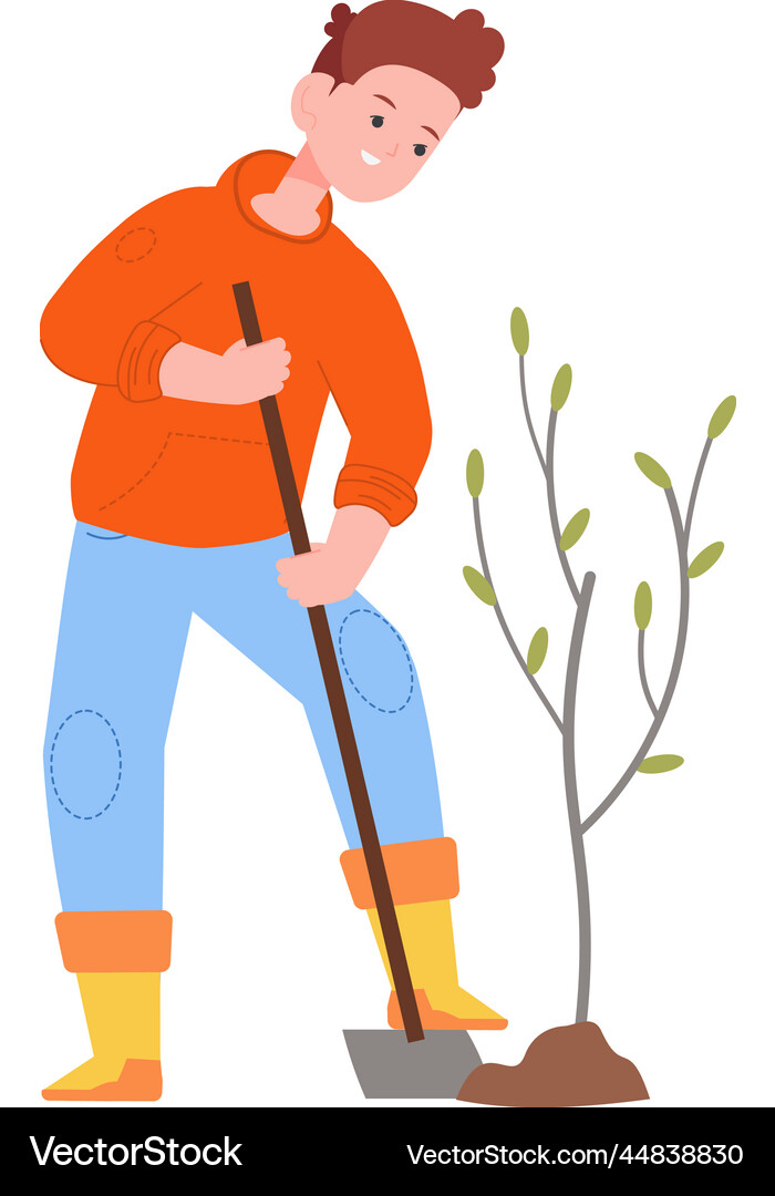 Kid planting tree boy digging ground with shovel Vector Image