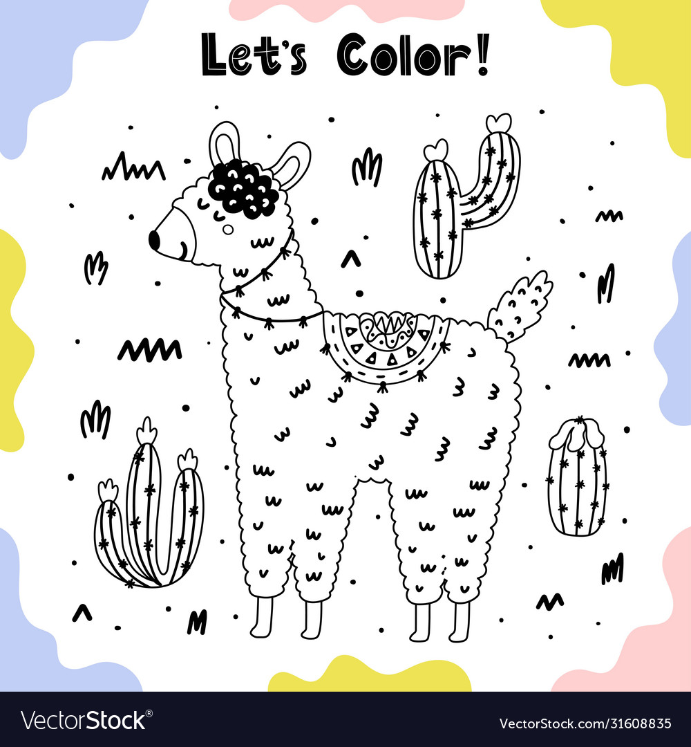 Coloring page with happy llama and cactuses Vector Image