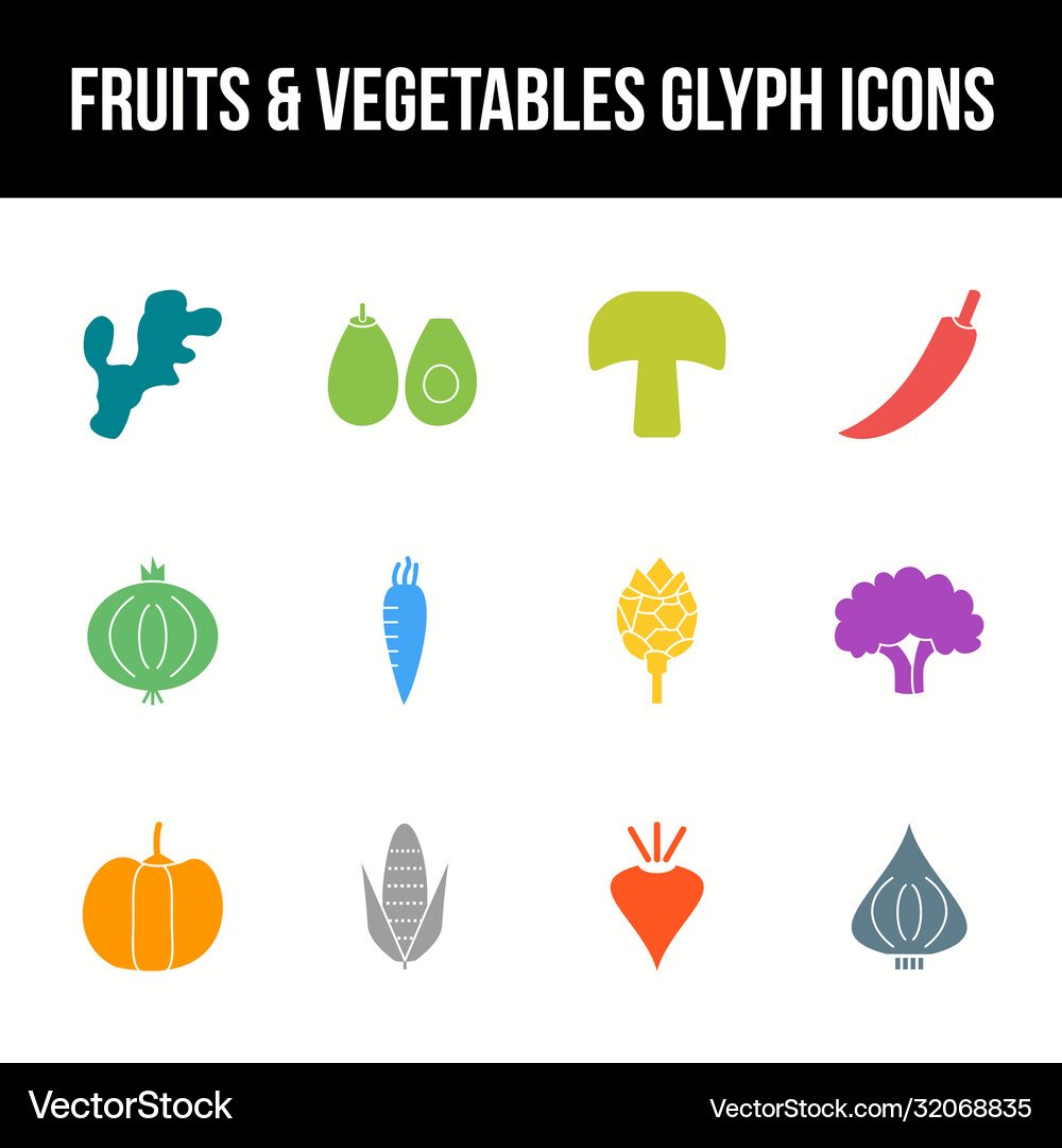 Unique fruits vegetables glyph icon set Royalty Free Vector