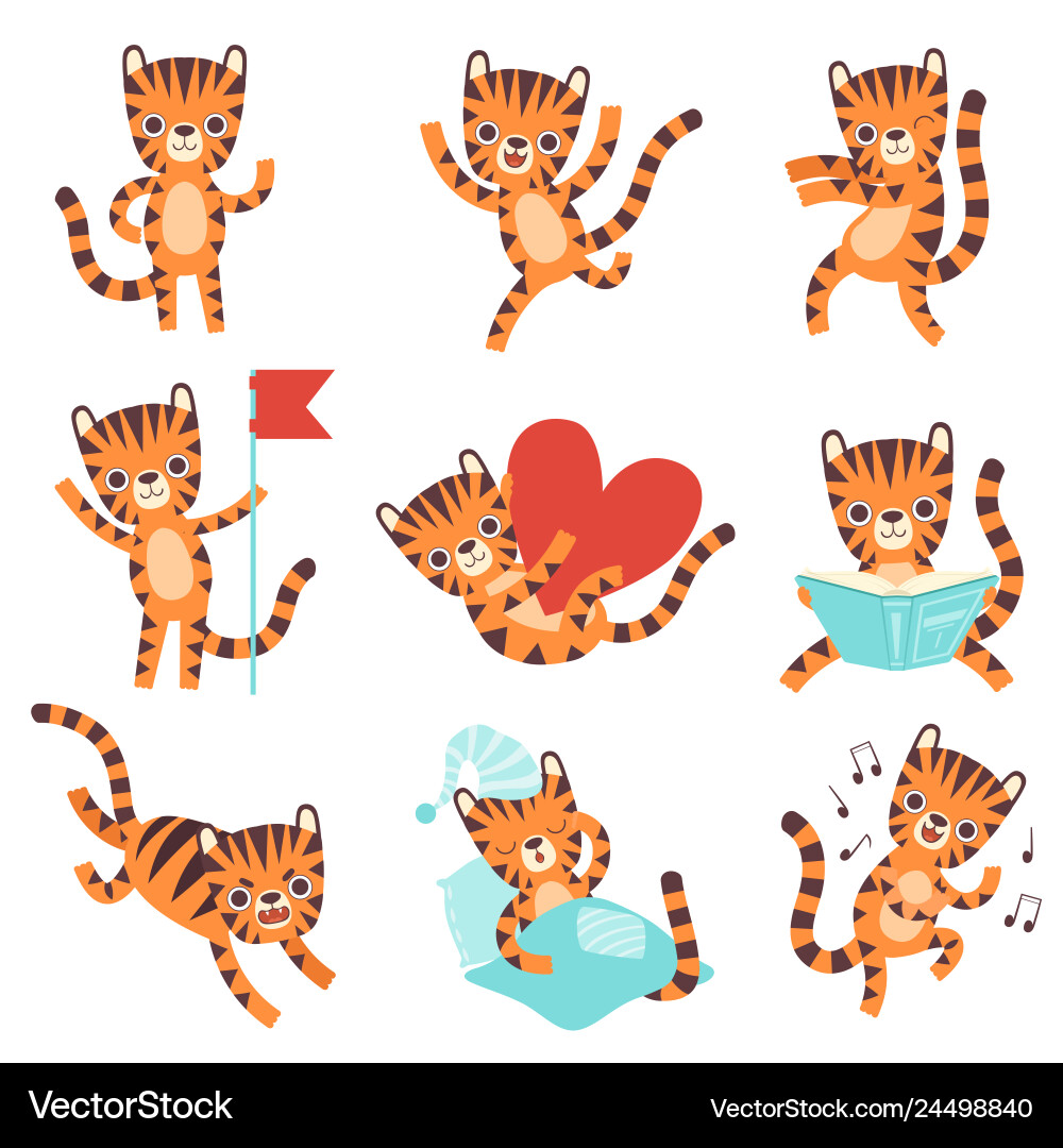 Cute little tiger in different situations set Vector Image