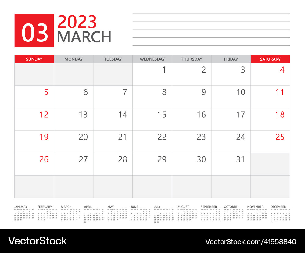 March 2023 year-calendar planner 2023 Royalty Free Vector