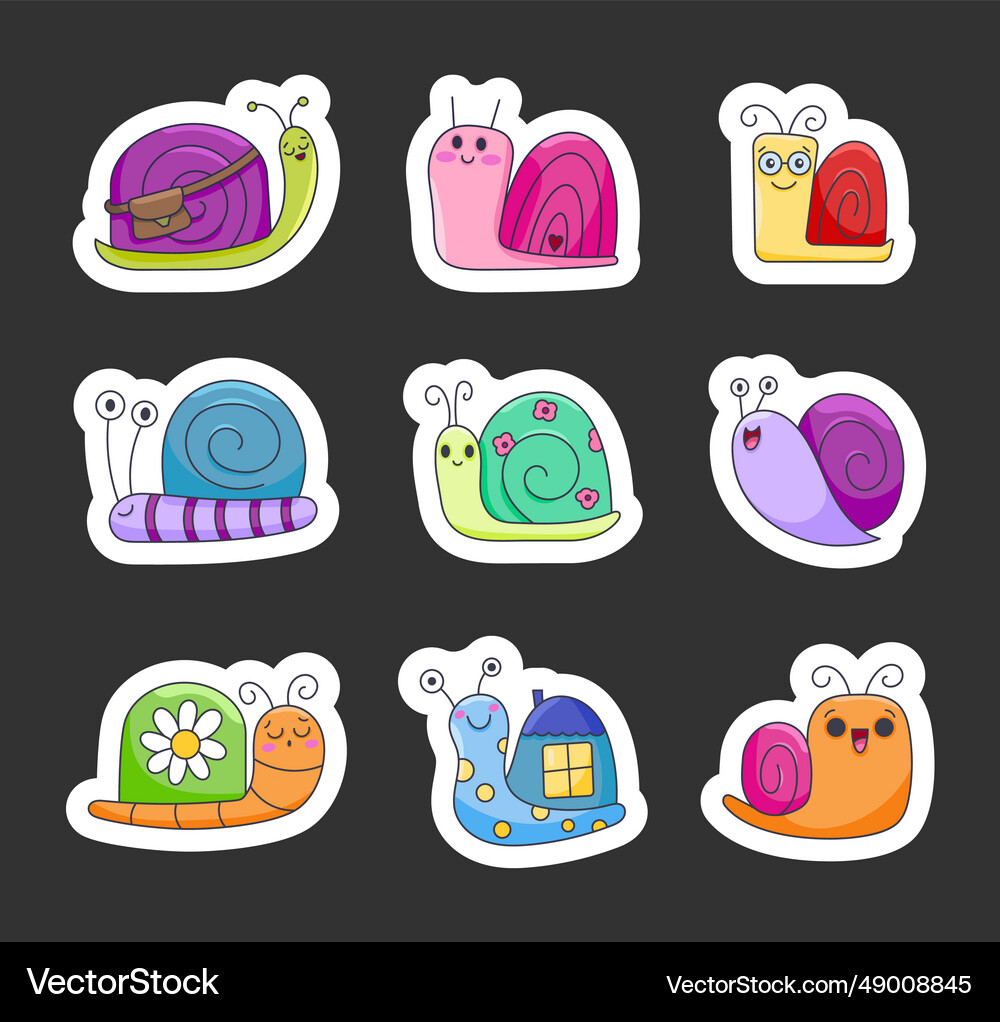 Cute snails characters funny insects sticker Vector Image
