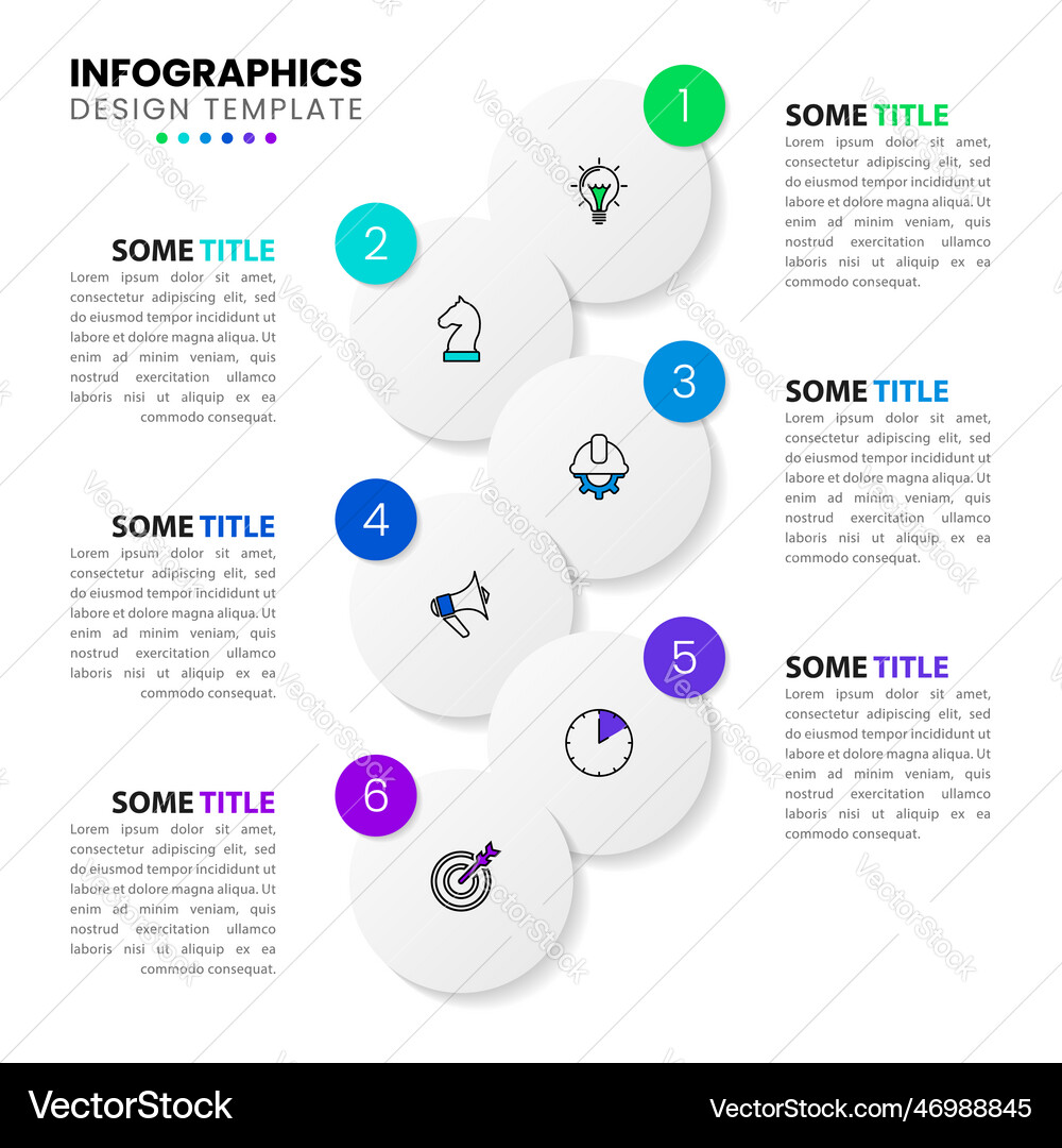 Infographic template 6 bubbles with icons and text