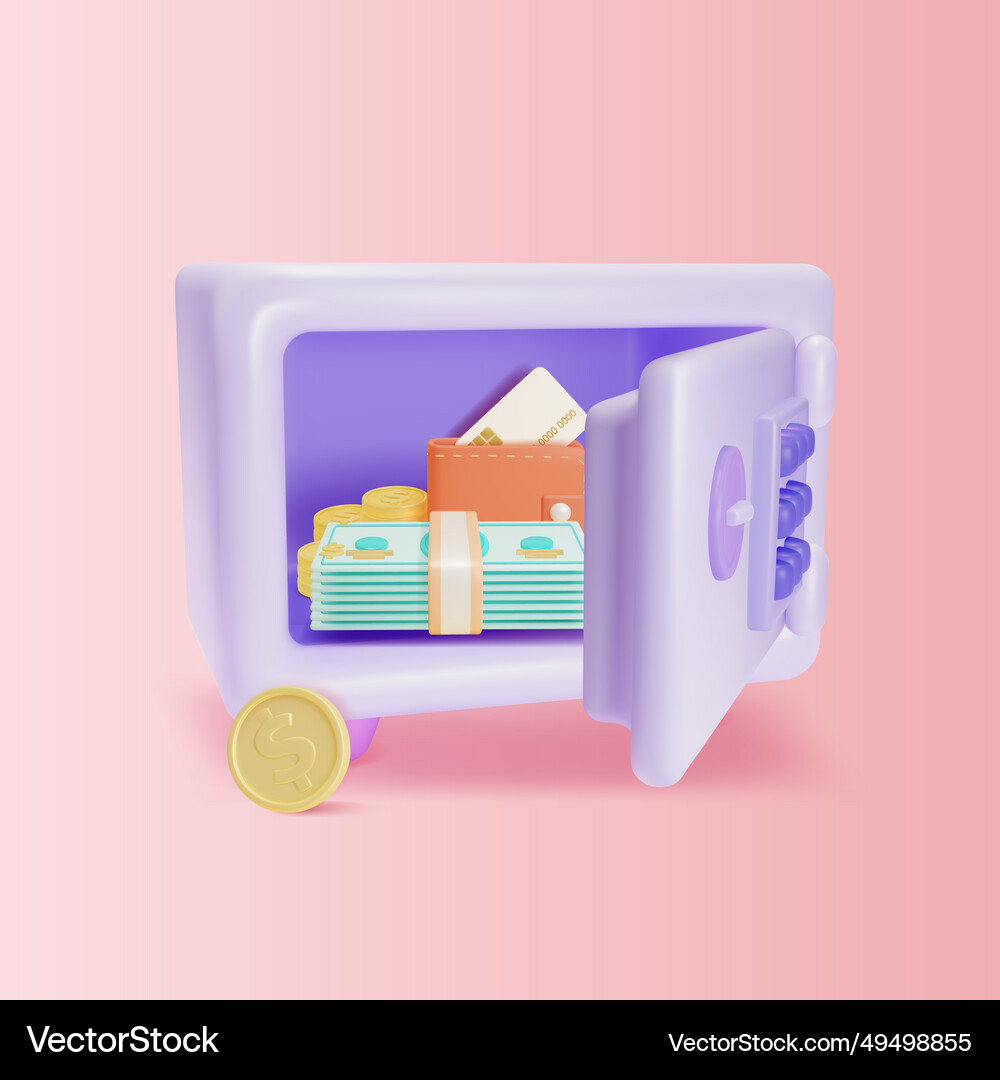 3d open safe with different money cartoon style Vector Image