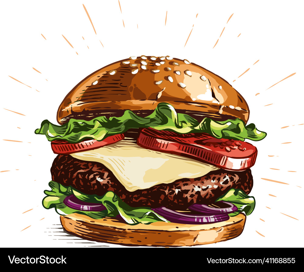 Colour burger hand drawing sketch engraving Vector Image