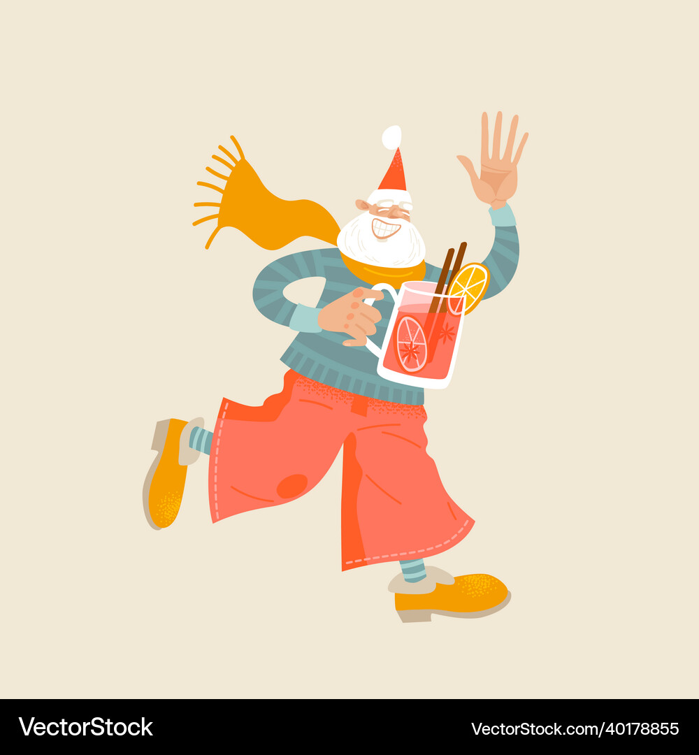 Funny dancing santa claus with mulled wine Vector Image