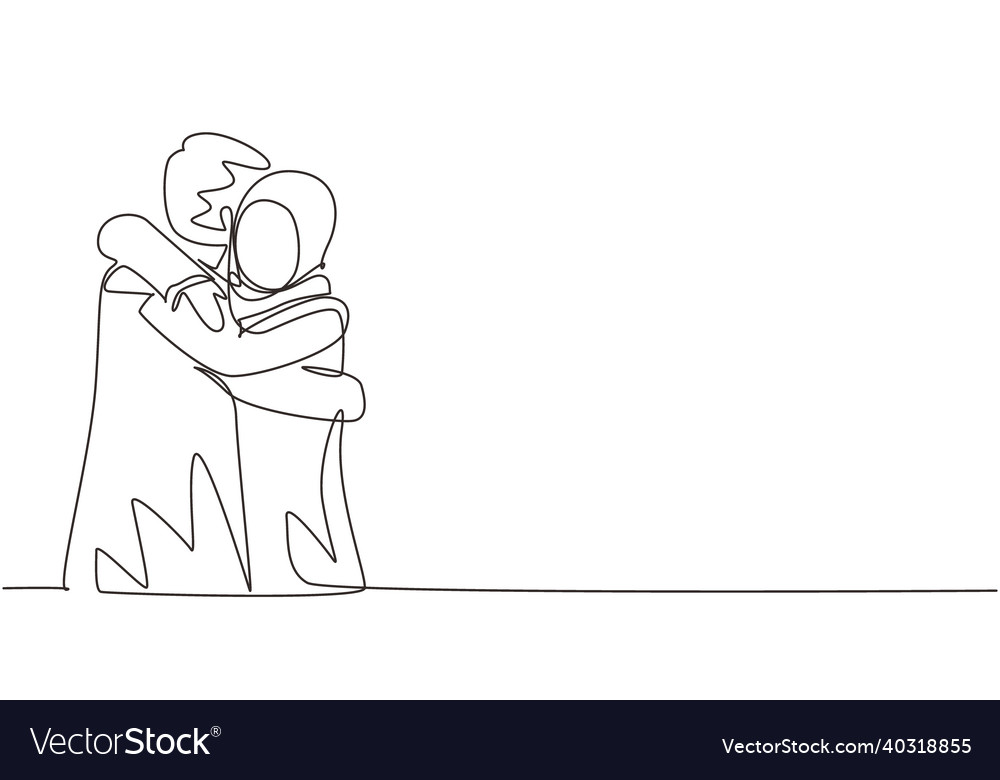 Single One Line Drawing Arabian Girl Is Hugging Vector Image