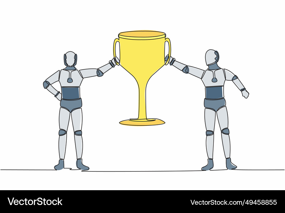 Single one line drawing two robots holding golden Vector Image