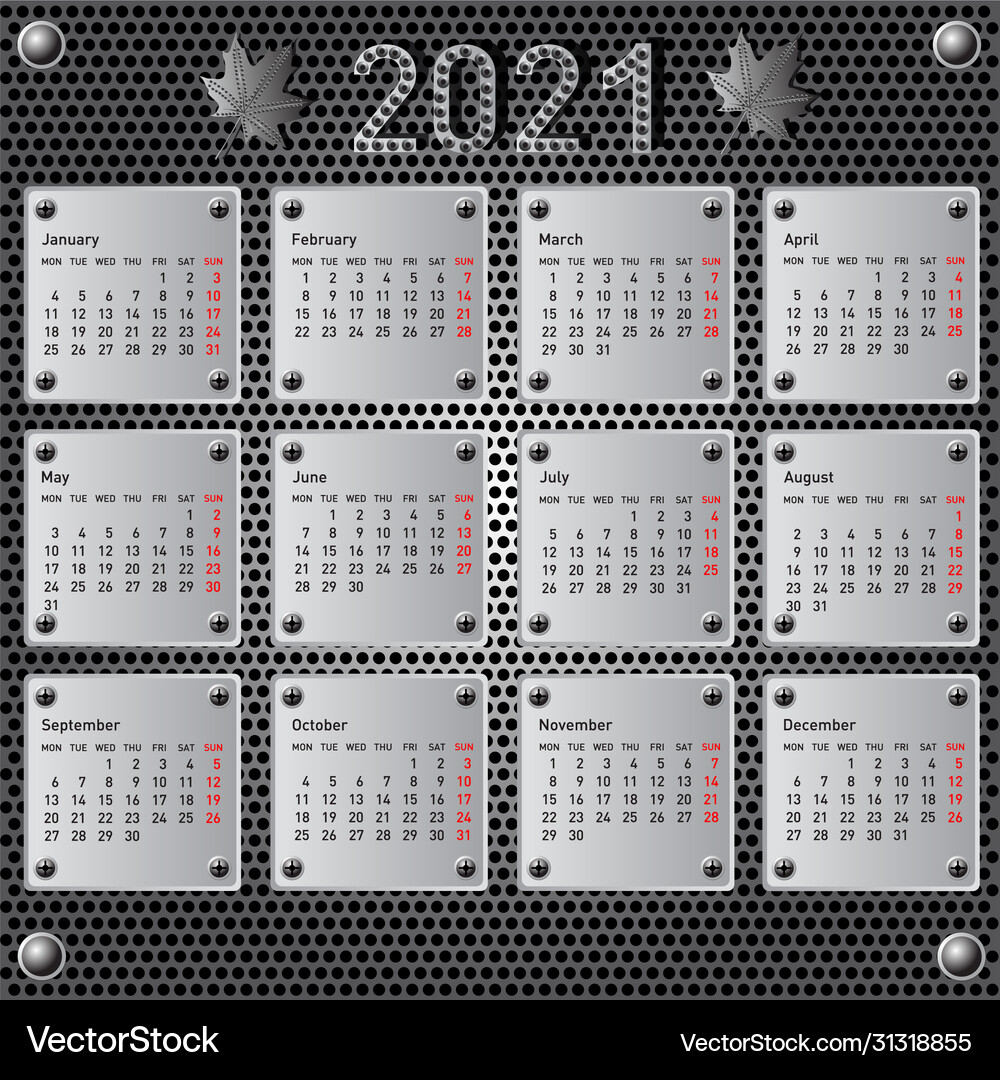 Stylish calendar with metallic effect for 2021 Vector Image