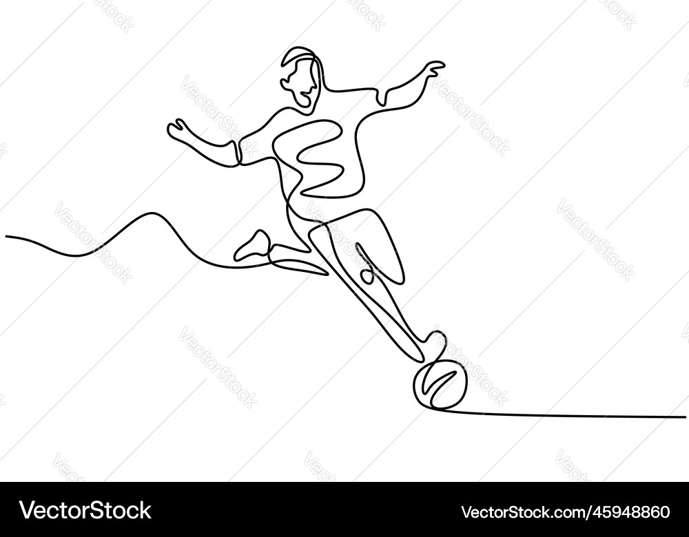 Continuous line drawing a football player kicks Vector Image