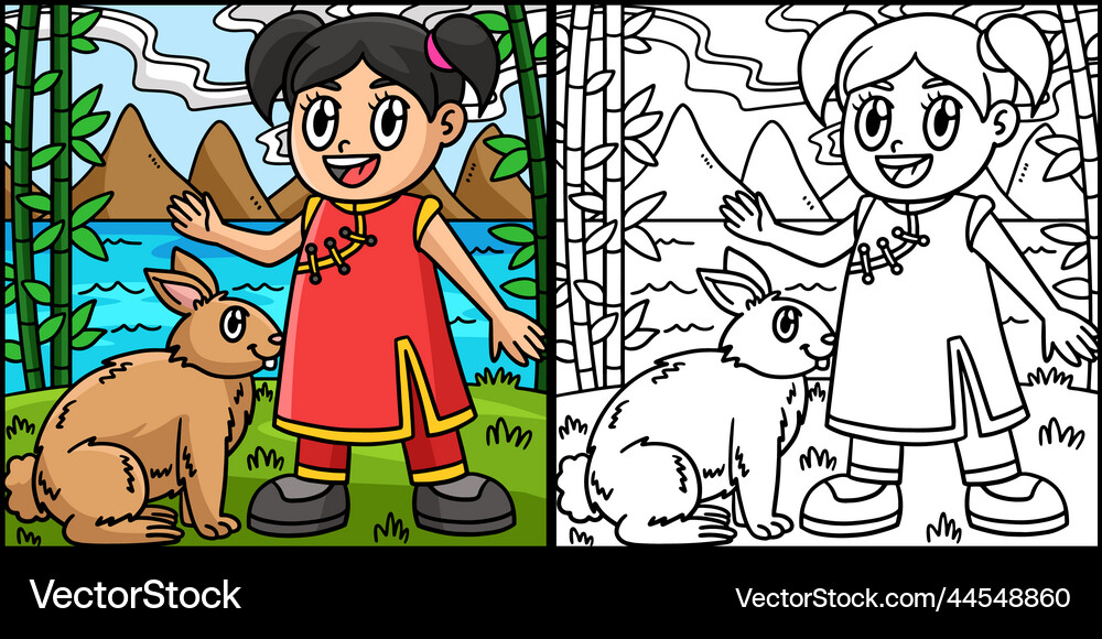 Girl with rabbit coloring page Royalty Free Vector Image