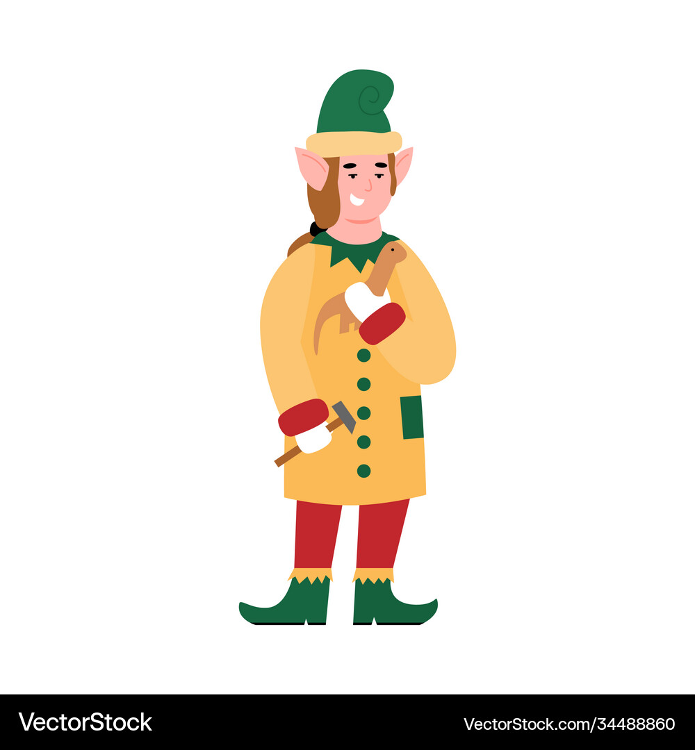 Santas helper elf character making a toy flat Vector Image