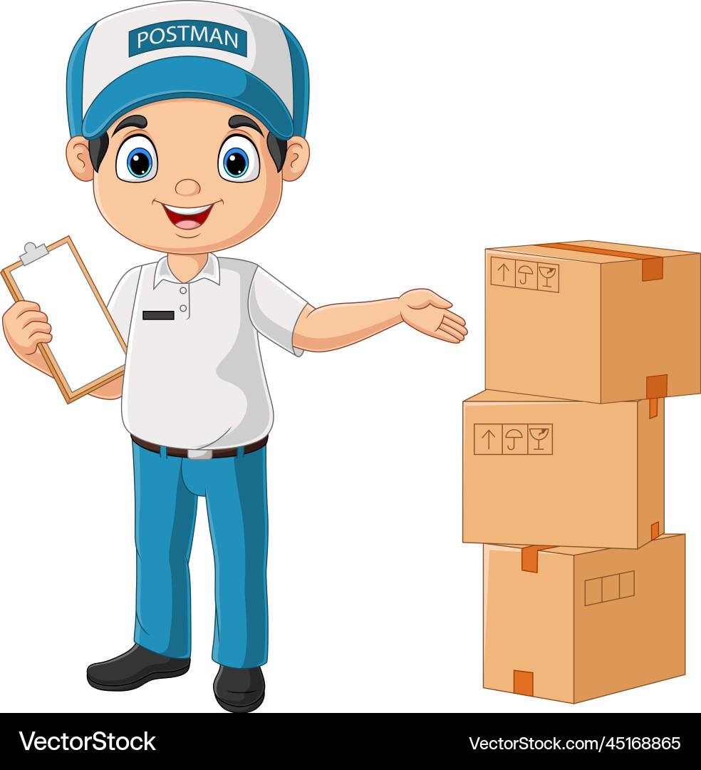 Cartoon postman with cardboard boxes and clipboard