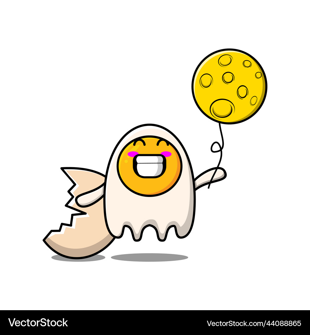 Cute cartoon fried eggs floating with moon balloon