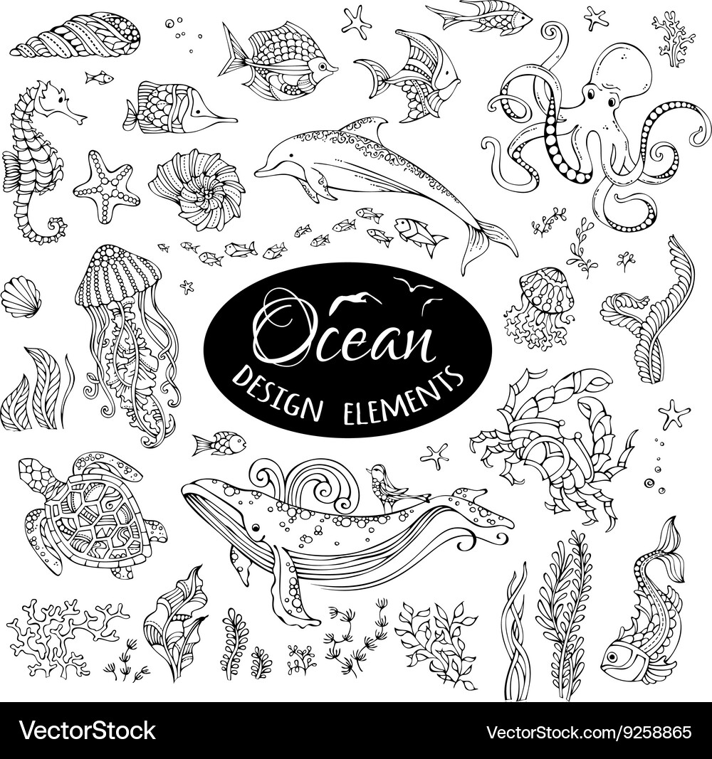Set of doodles underwater ocean design elements Vector Image