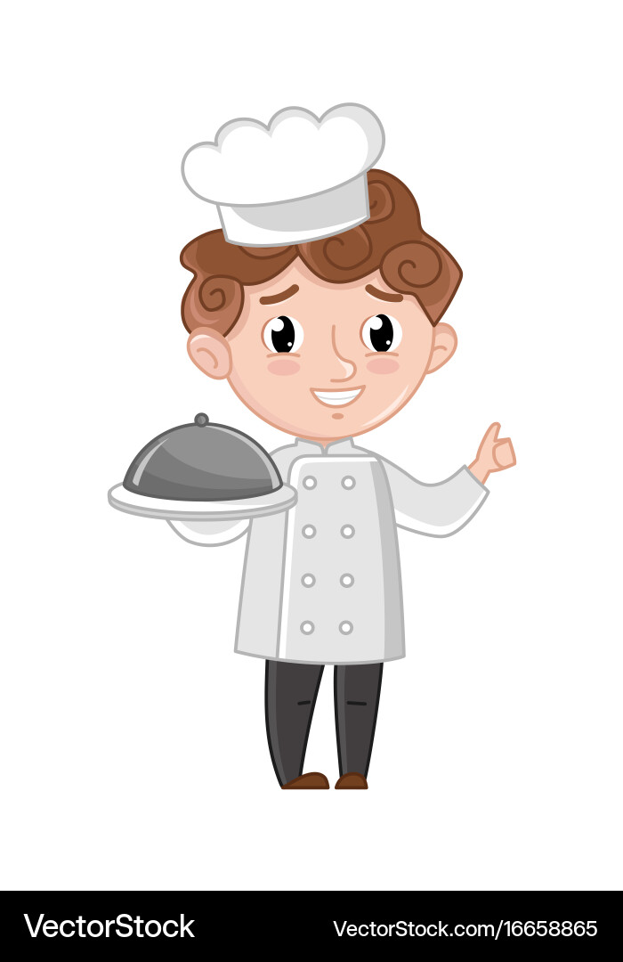 Smiling boy in cook uniform with dish Royalty Free Vector