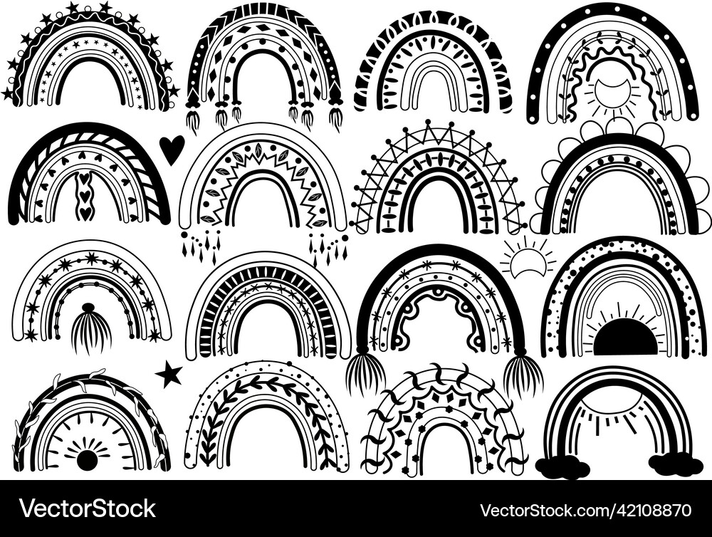 Collection boho rainbows with hearts leaves Vector Image