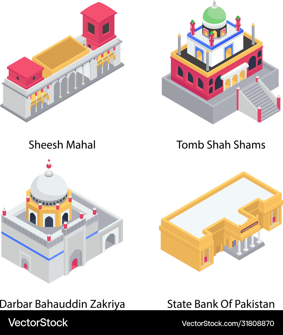 Historical buildings isometric icons pack Vector Image
