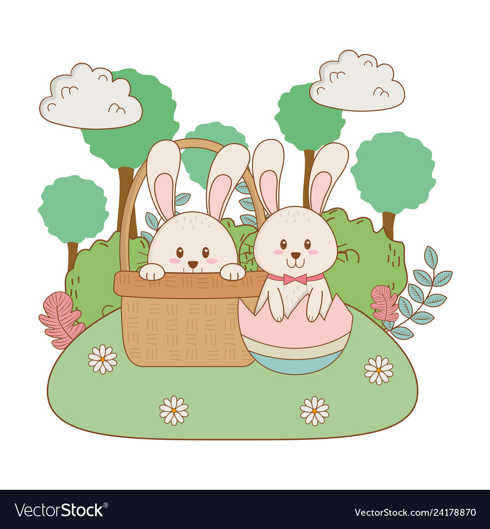 Little rabbits with egg painted in the garden Vector Image