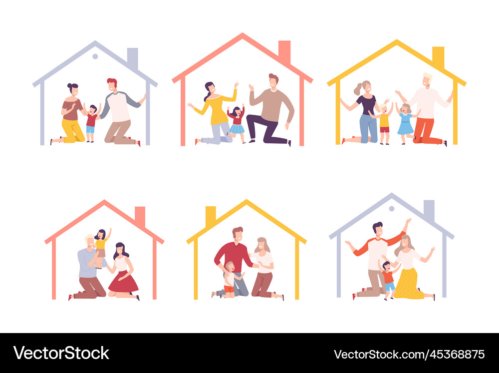 House frames with parents and kids inside set Vector Image